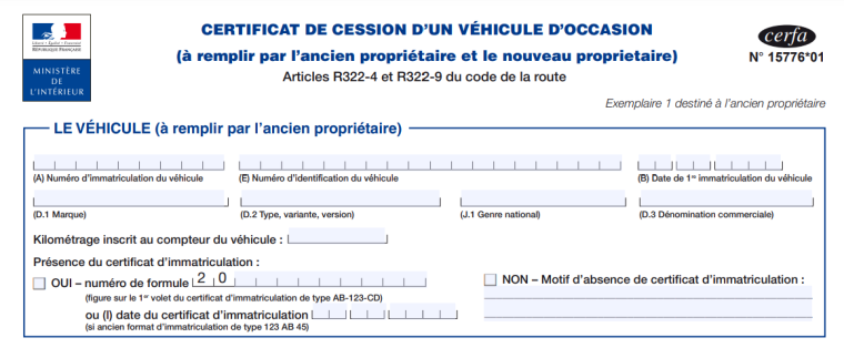 Certificat de cession véhicule d'occasion : Formulaire Cerfa