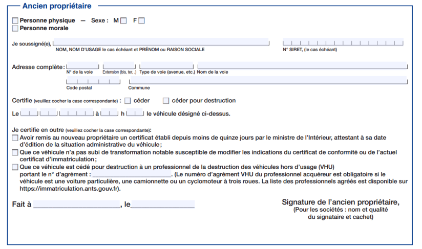 Certificat de cession véhicule d'occasion : Formulaire Cerfa