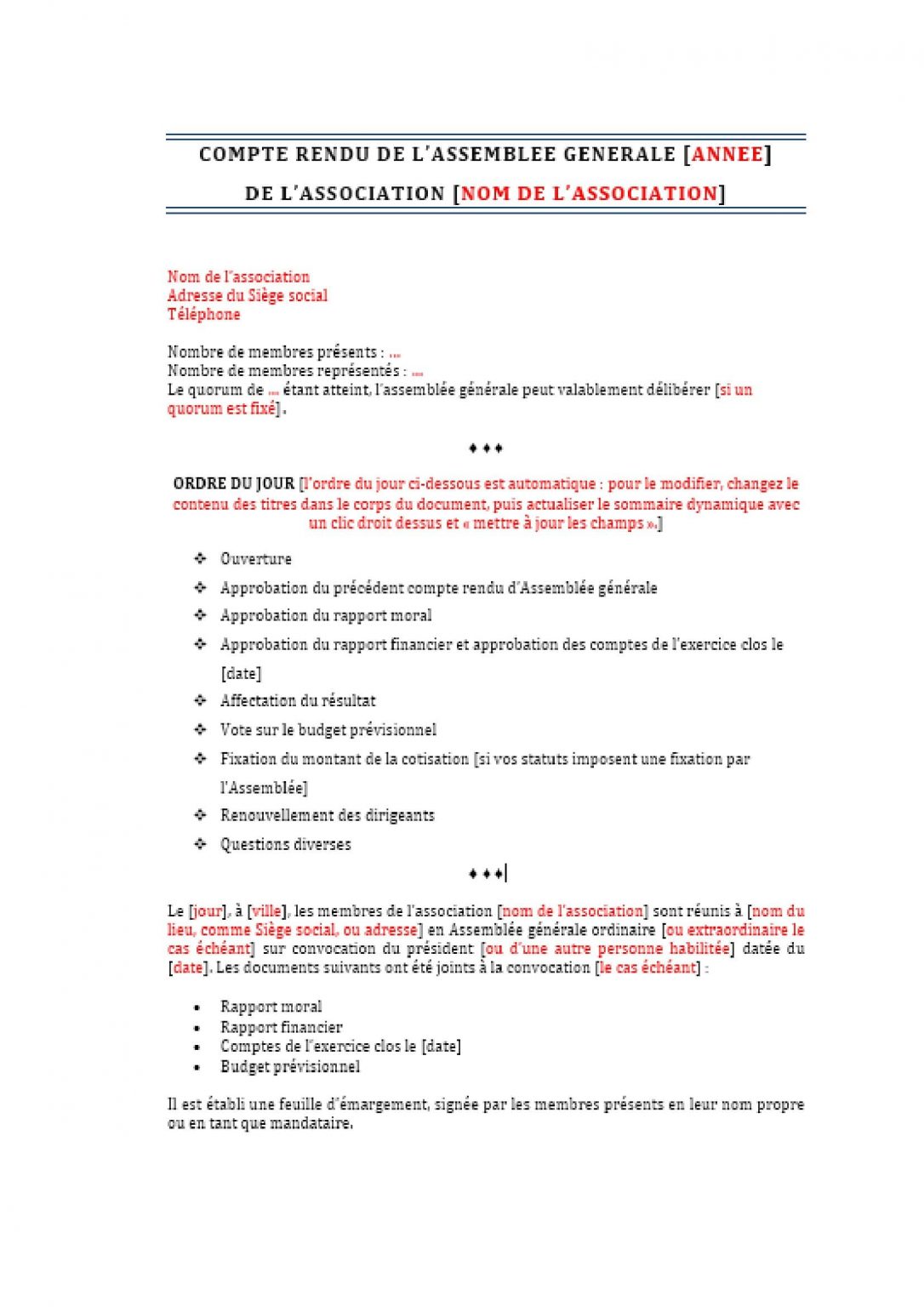 Modèle compte-rendu d'assemblée générale d'association loi 1901