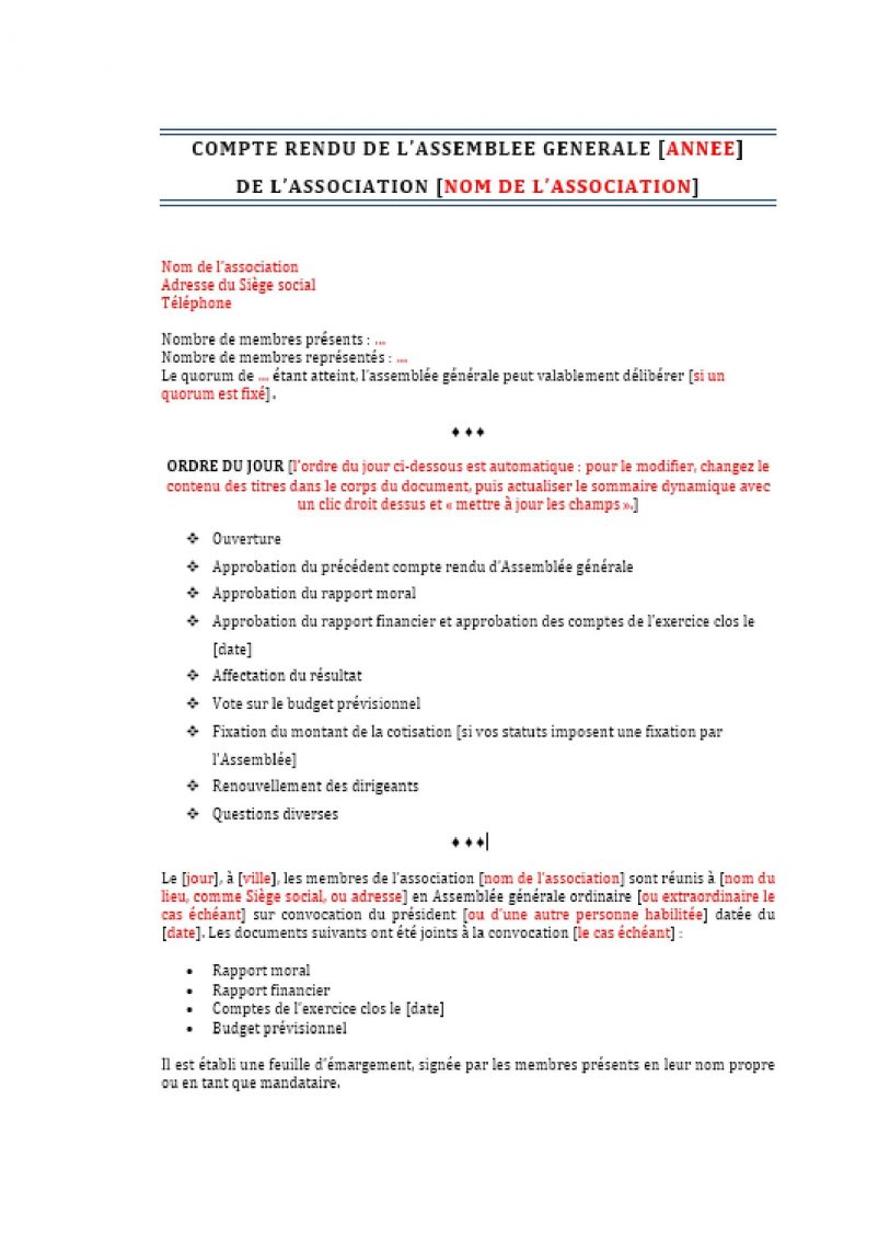 Modèle compte-rendu d'assemblée générale d'association loi 1901 Modèle compte-rendu d'assemblée générale d'association loi 1901